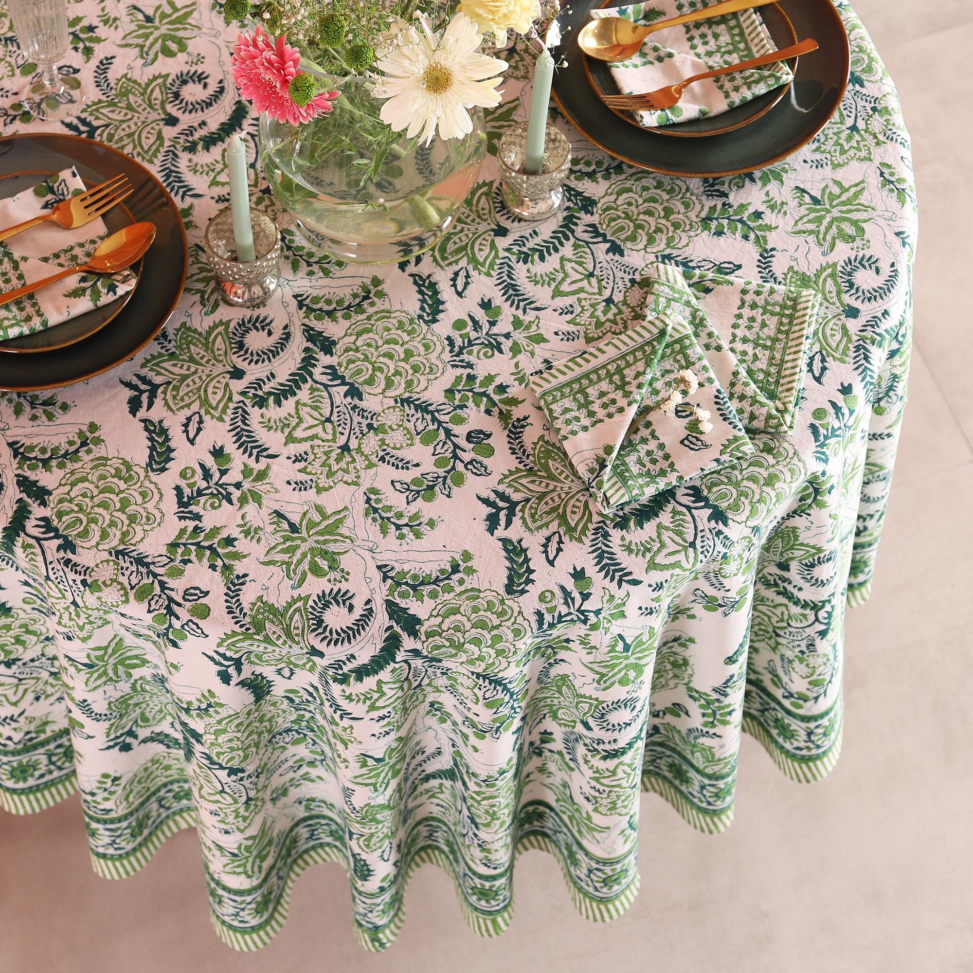 Green Indian Block Print Round Tablecloth, French Round Tablecloth ...