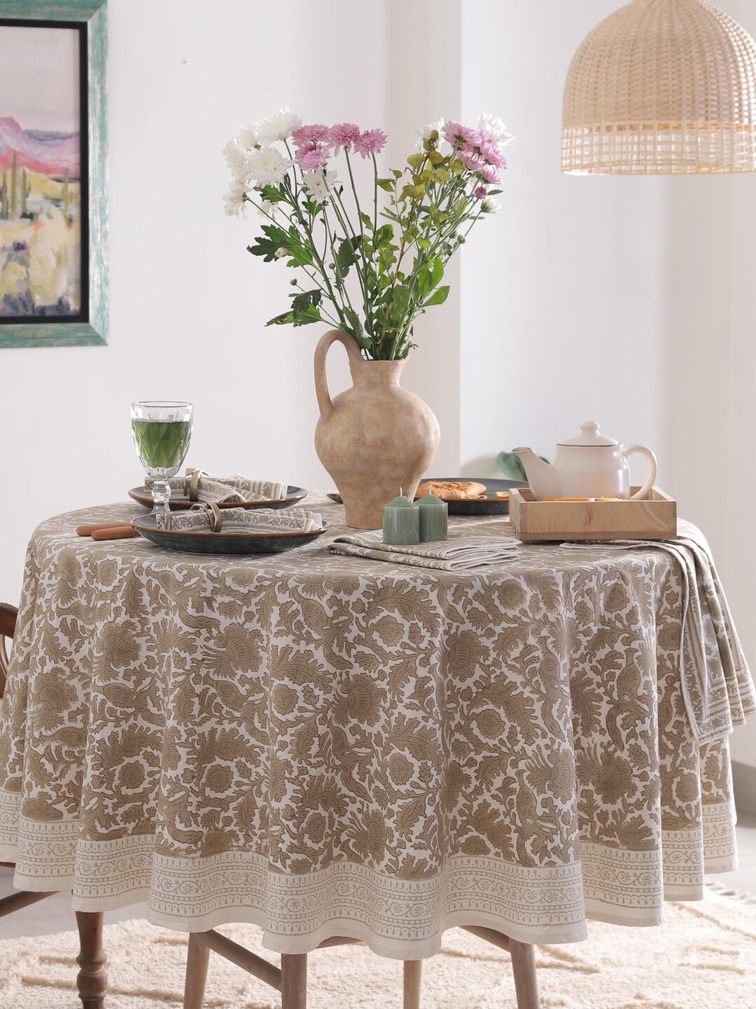 Indian Floral Round Tablecloth, Boho Custom Block Print Round Table ...