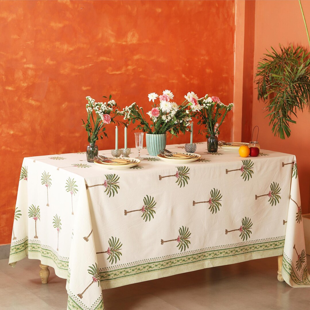 Green Palm Tree Hand Block Print Tablecloth, French Table Cover, Boho ...