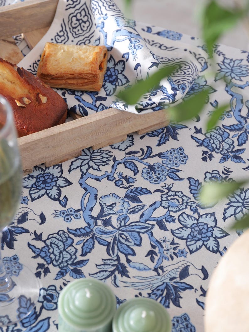 Blue French Country Chinoiserie Floral Tablecloth, Indian Block Printed ...