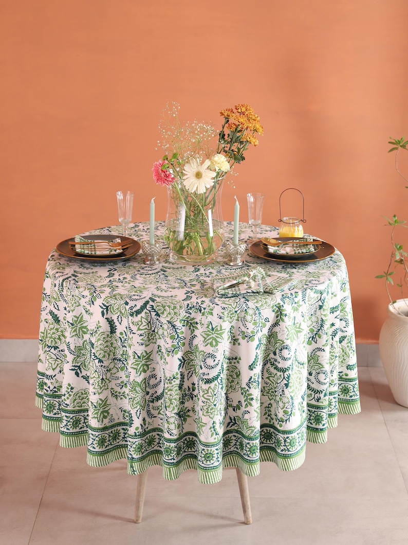 Green Indian Block Print Round Tablecloth, French Round Tablecloth ...