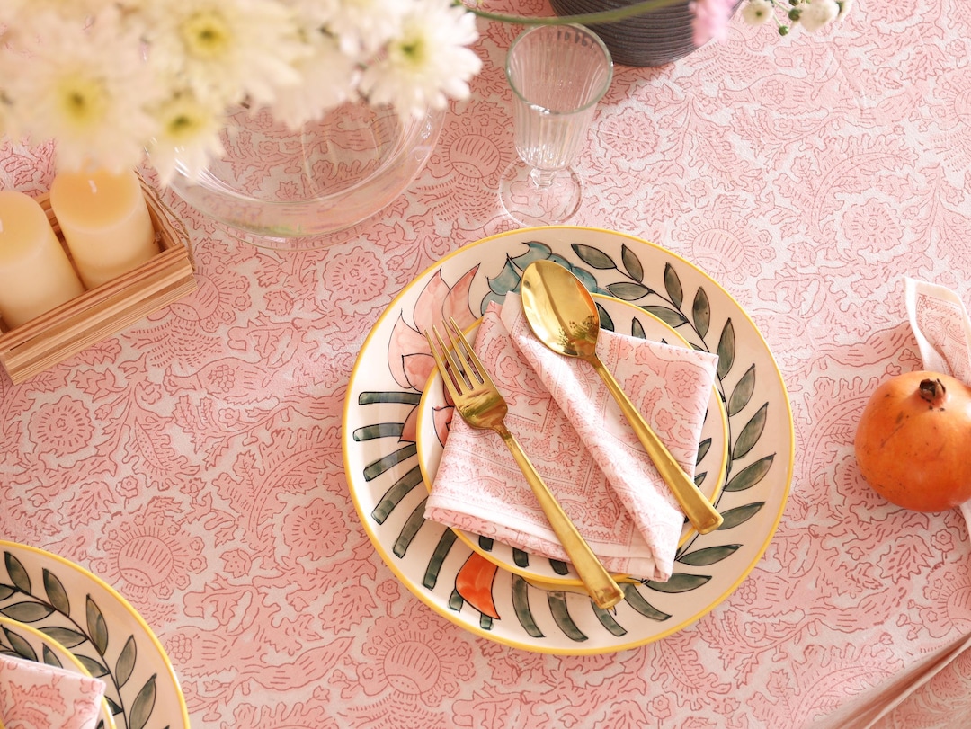 Pastel Pink Floral Indian Hand Block Print Cotton Tablecloth, Boho Pink ...