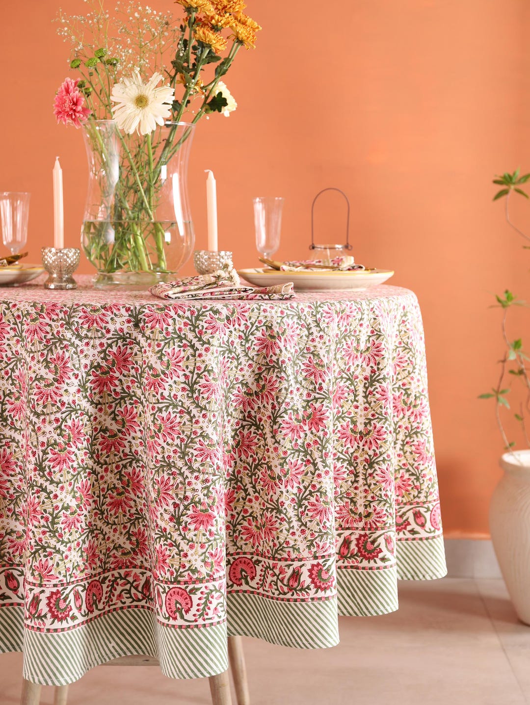Pink and Green Floral Round Tablecloth, Indian Block Print Round Table ...
