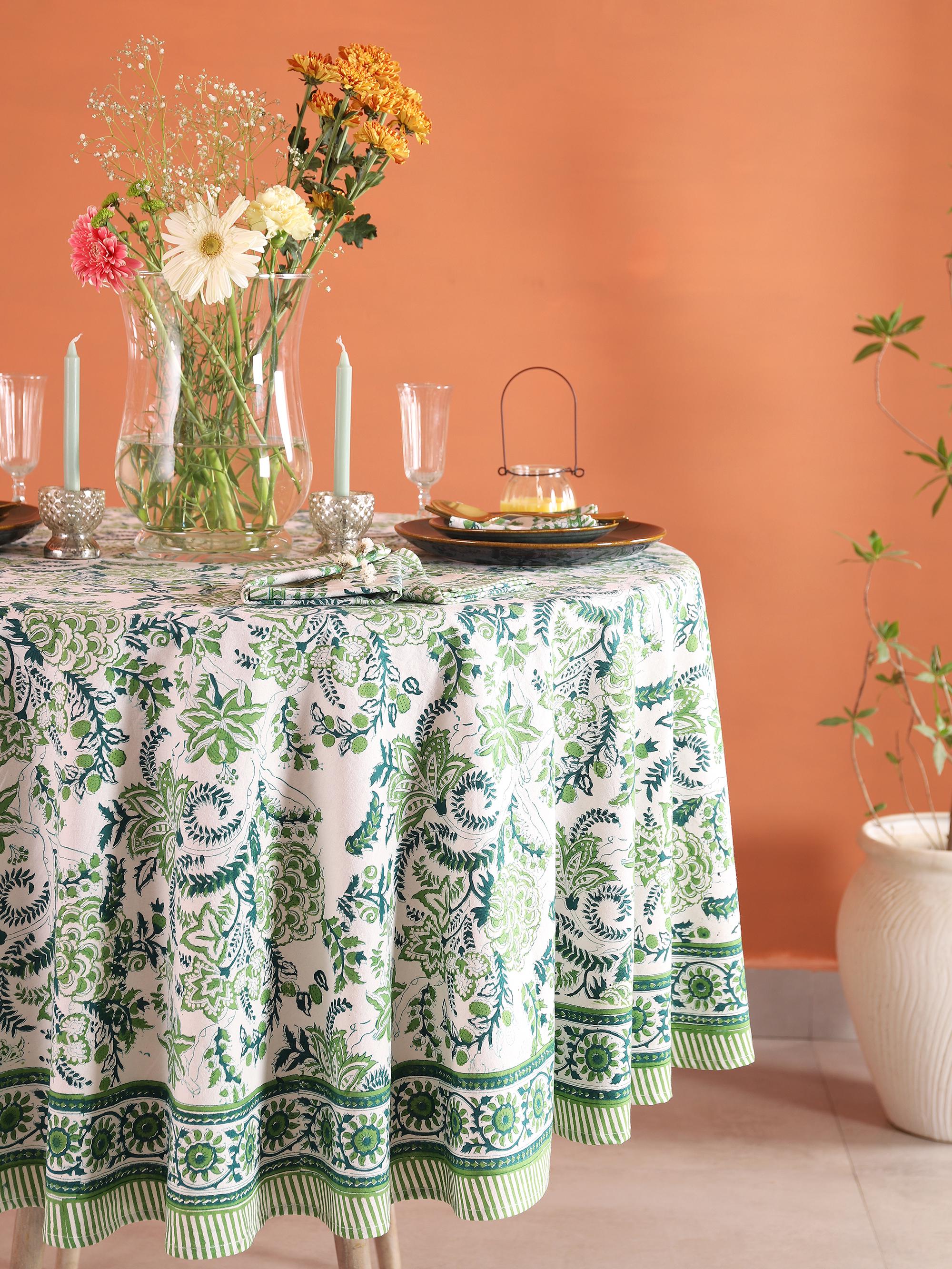 Green Indian Block Print Round Tablecloth, French Round Tablecloth ...
