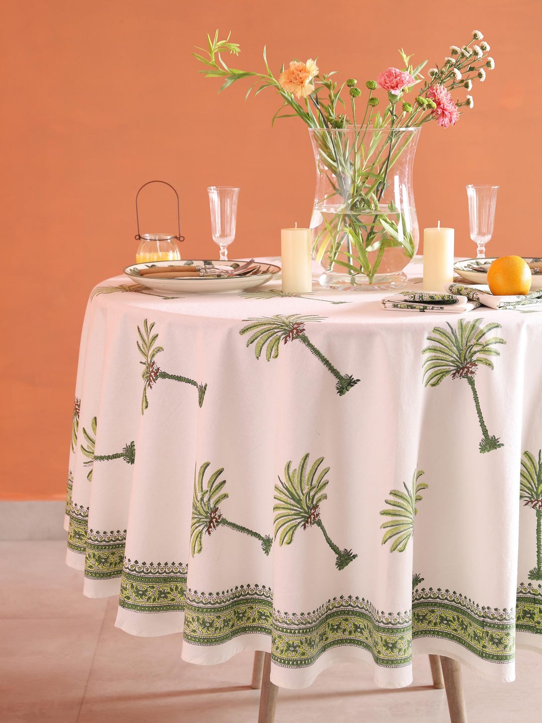 Green Pam Tree Indian Round Tablecloth, Block Print Round Table Cover ...