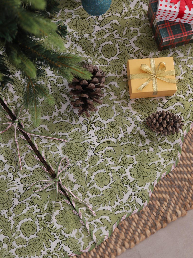 Moss Green Hand Block Printed Christmas Tree Skirt, Christmas Tree ...