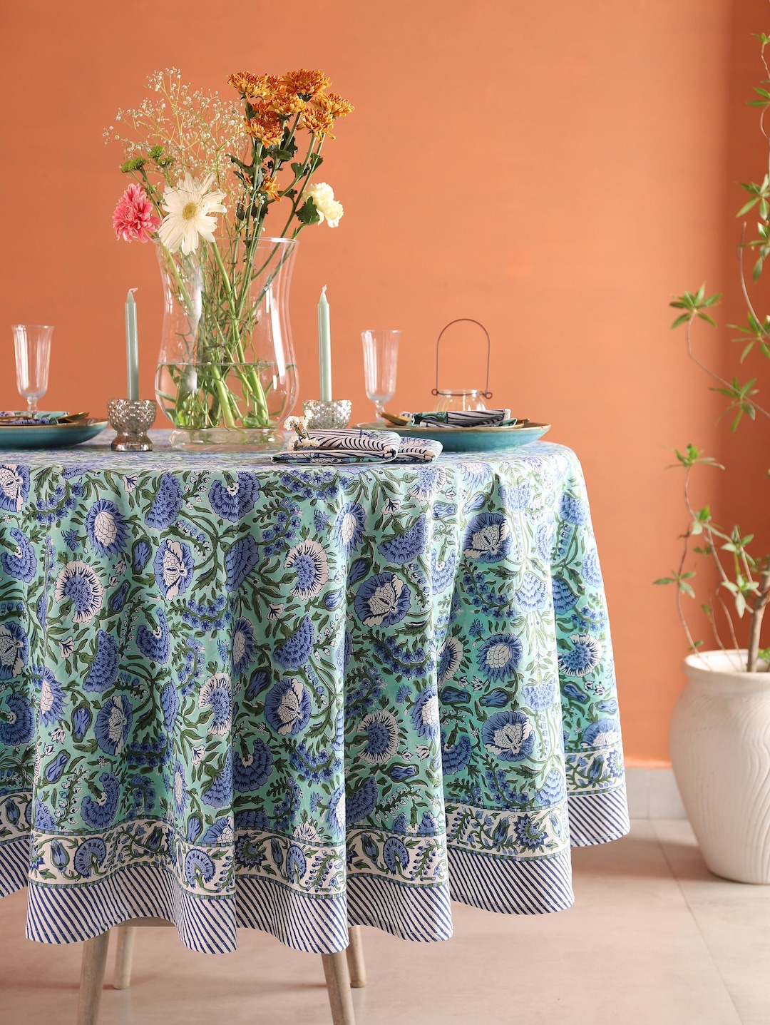 Indian Block Print Round Tablecloth, French Round Tablecloth, Round ...