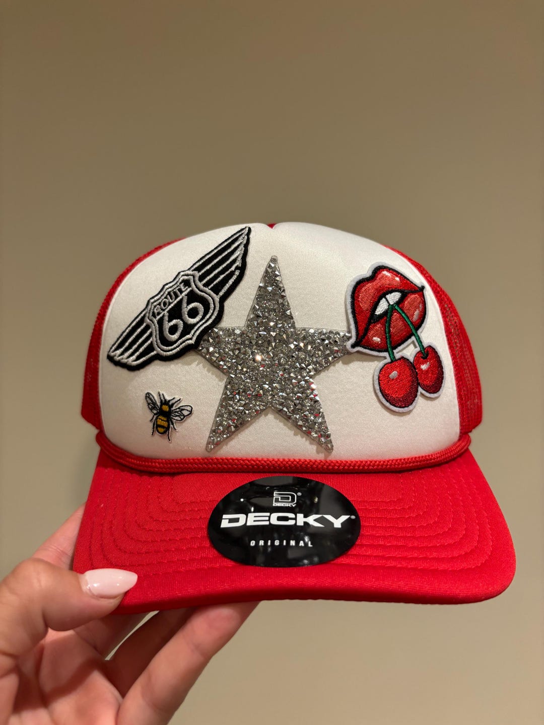 Custom Red Trucker Hat- Route 66 Patch, Cherry Lips, Rhinestone Star ...