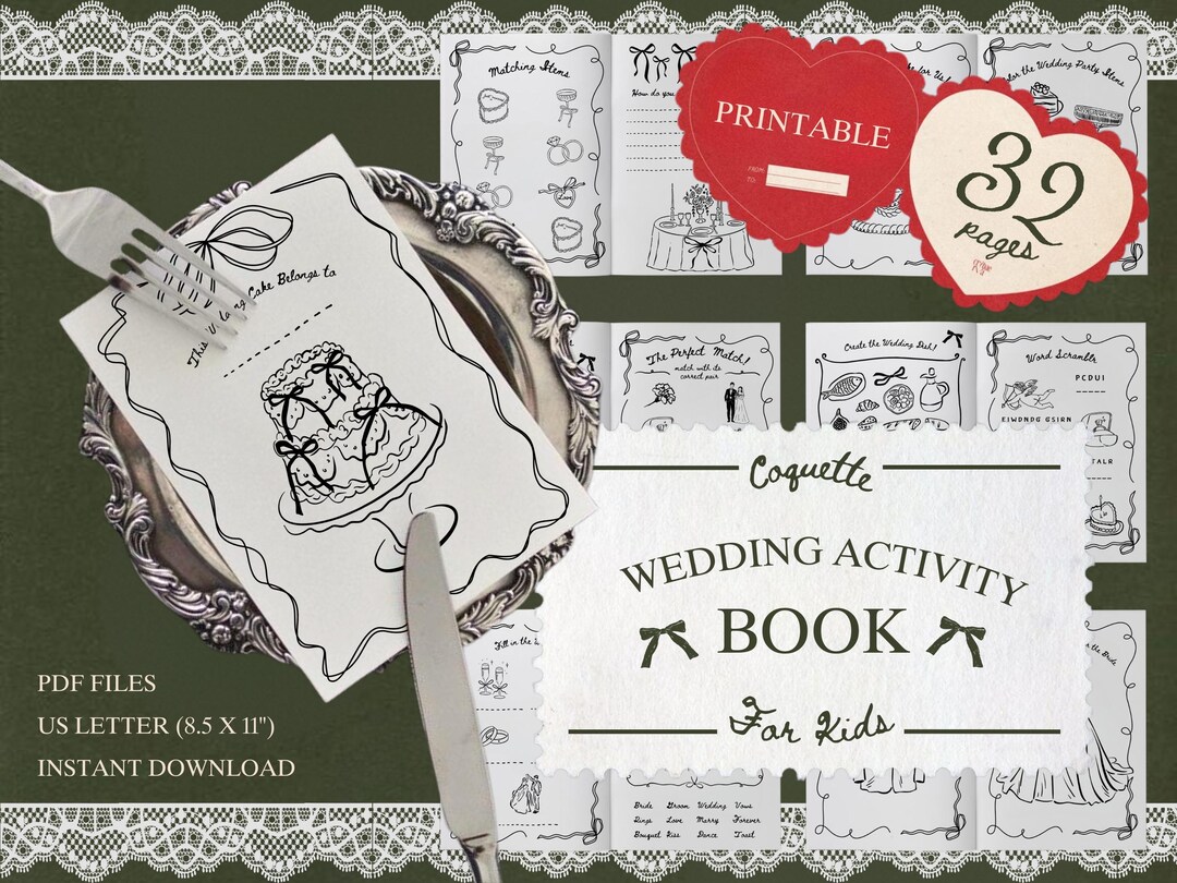 Coquette Wedding Activity Book for Kids: Printable Games (32 Pages, PDF ...