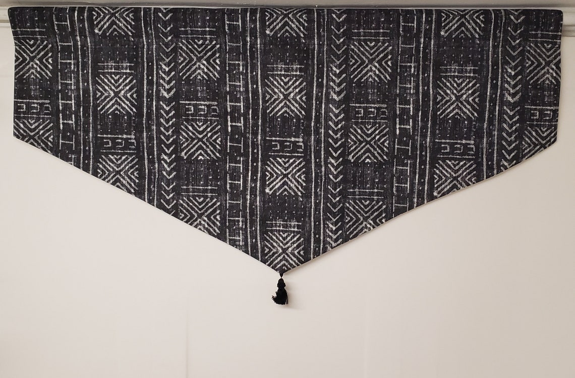 Black and Ivory African Mudcloth Valance With Tassel, Mud Print Window ...