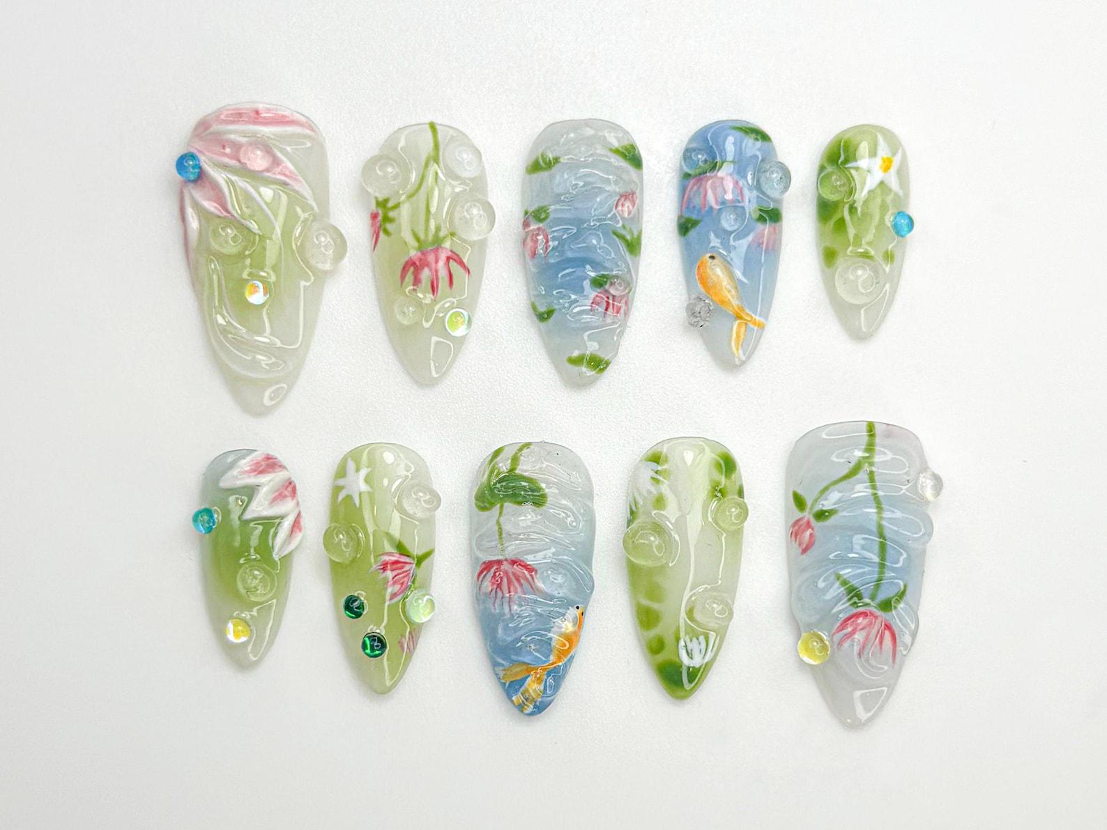 Lotus Pond Press on Nails, Water Ripple Nail Art, Koi Fish Design Nails ...
