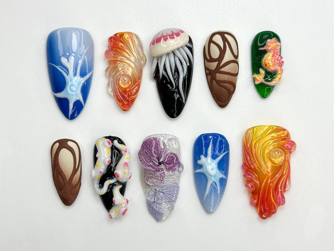 Deep Sea Neuro Press on Nails, Fantasy Ocean Creatures Nails, 3D ...