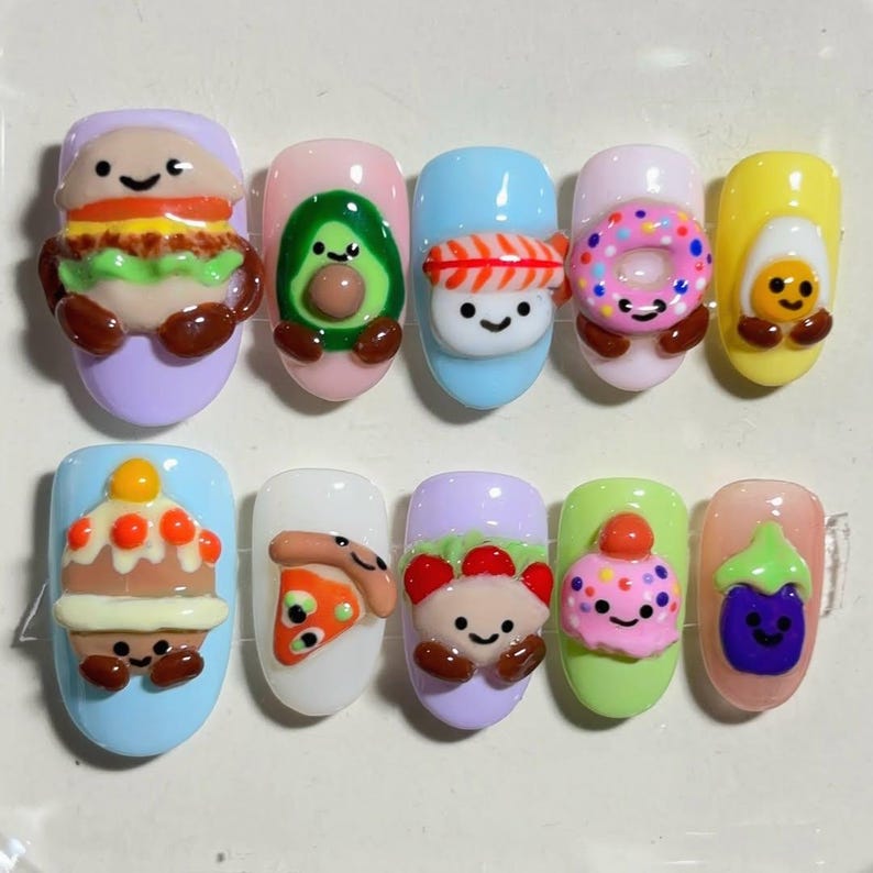 Kawaii Food Press on Nails, Cute Cartoon Nail Art, 3D Burger Sushi ...