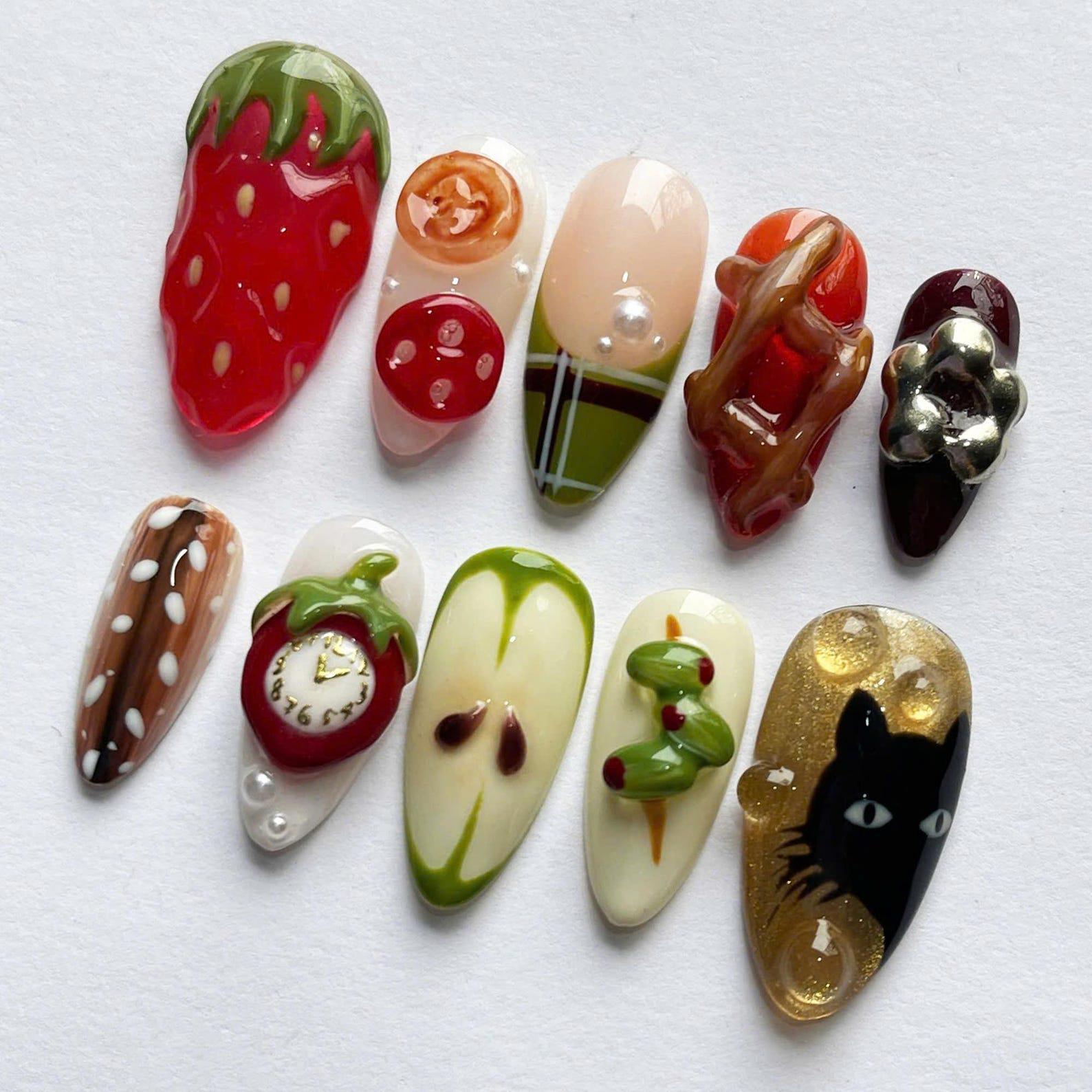Whimsical Picnic Press on Nails, 3D Food Nail Art With Strawberry ...