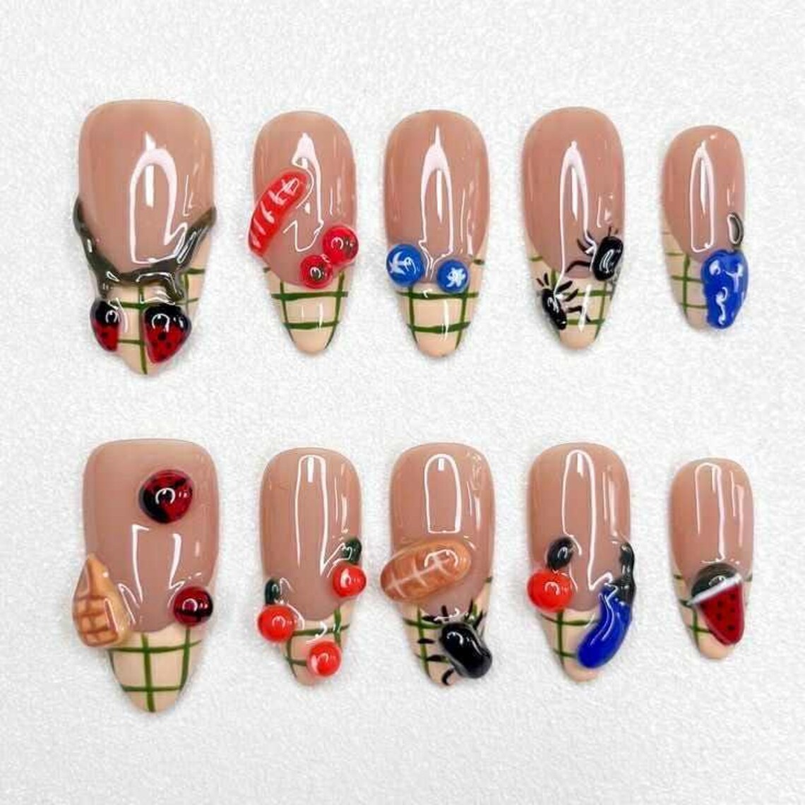 Cute Picnic Press on Nails, Summer Fruit & Ladybug 3D Nail Art, Gingham ...