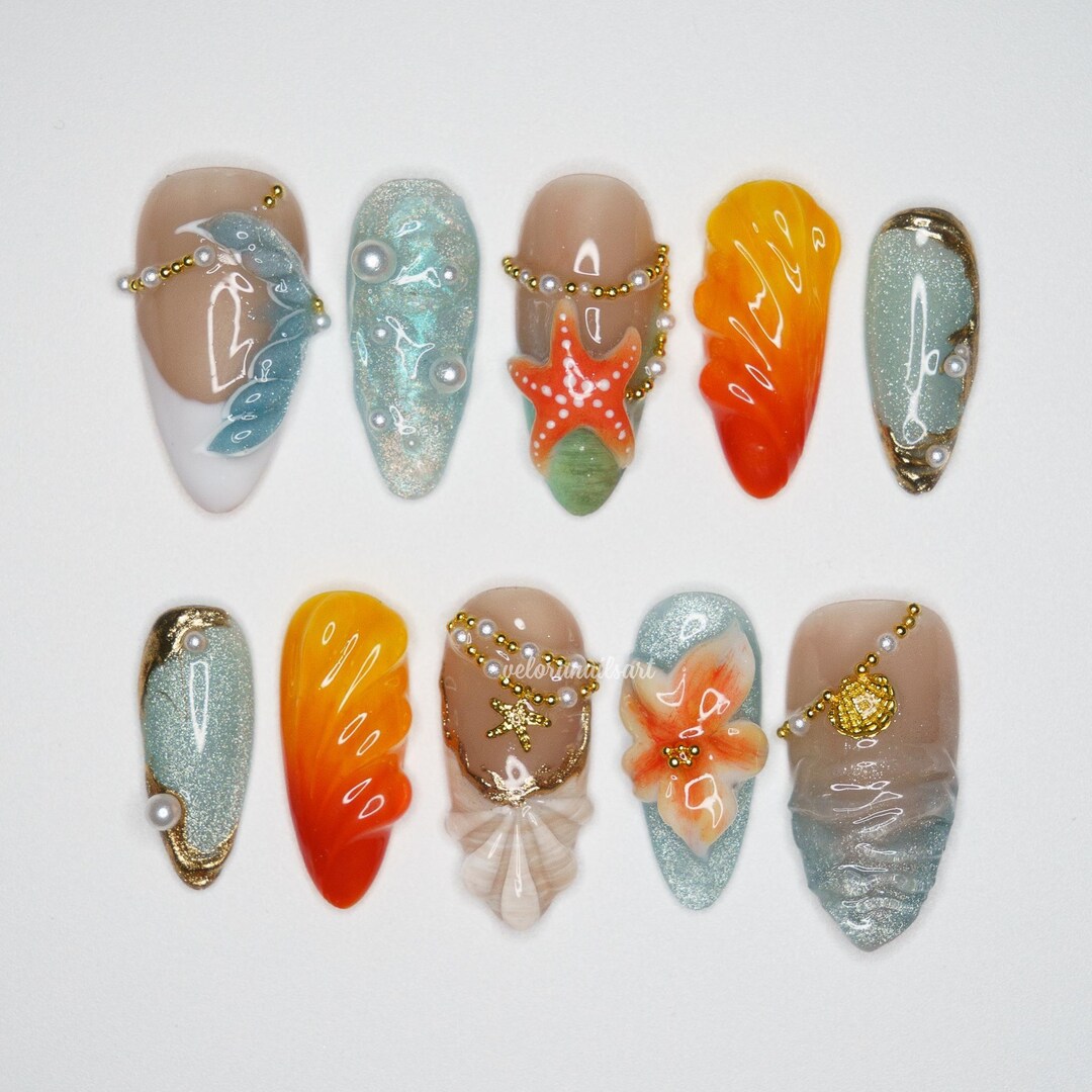 Luxury Ocean Press on Nails, Starfish Wave Chain Art With Glitter Base ...