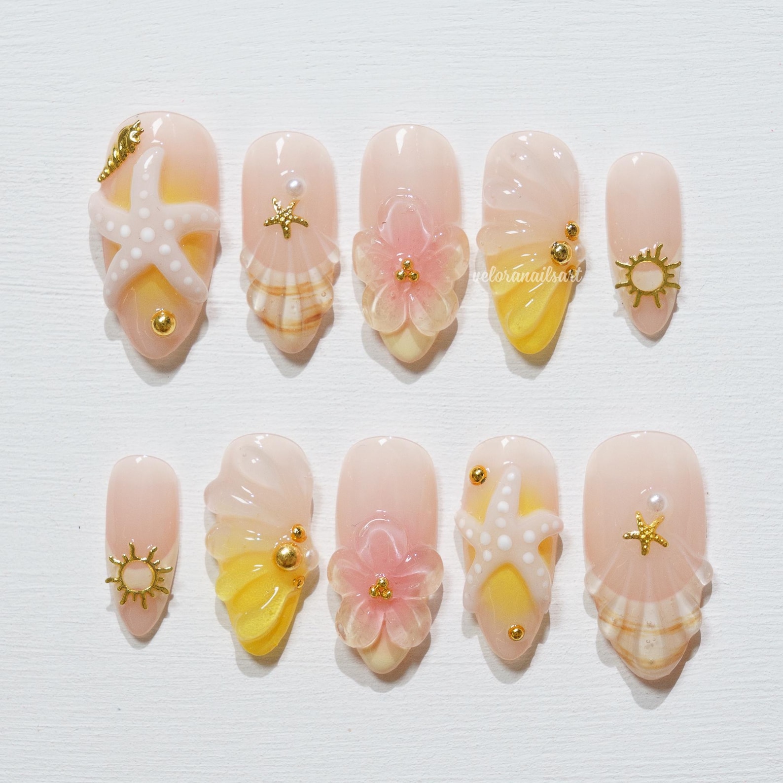 Starfish Shell Press on Nails, 3D Beach Summer Nails, Yellow Pink Ocean ...