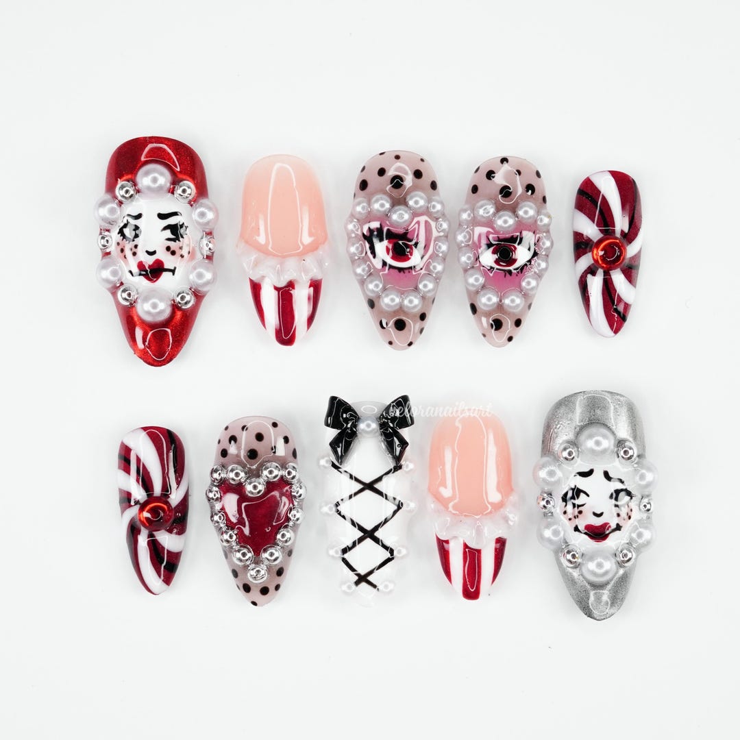 Burlesque Doll Red Press on Nails, Doll Face Nail Art, Pearl Accent ...
