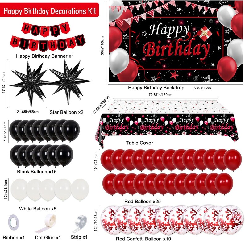 Red Birthday Decorations for Men Women Boys Girls, 75 PCS Red and Black ...