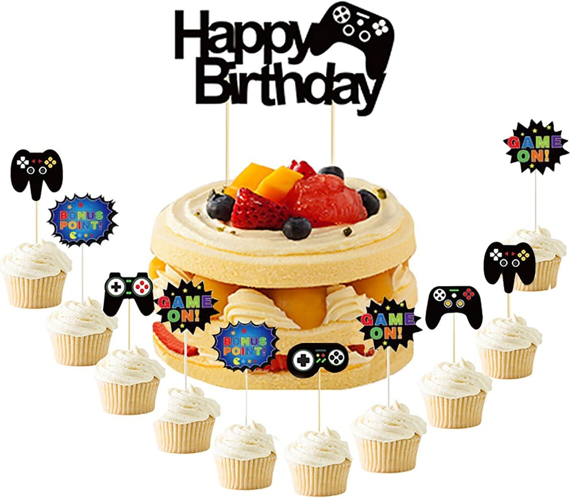 Video Game Cake Topper 11 Pcs Video Game Theme Double Sided Glitter ...