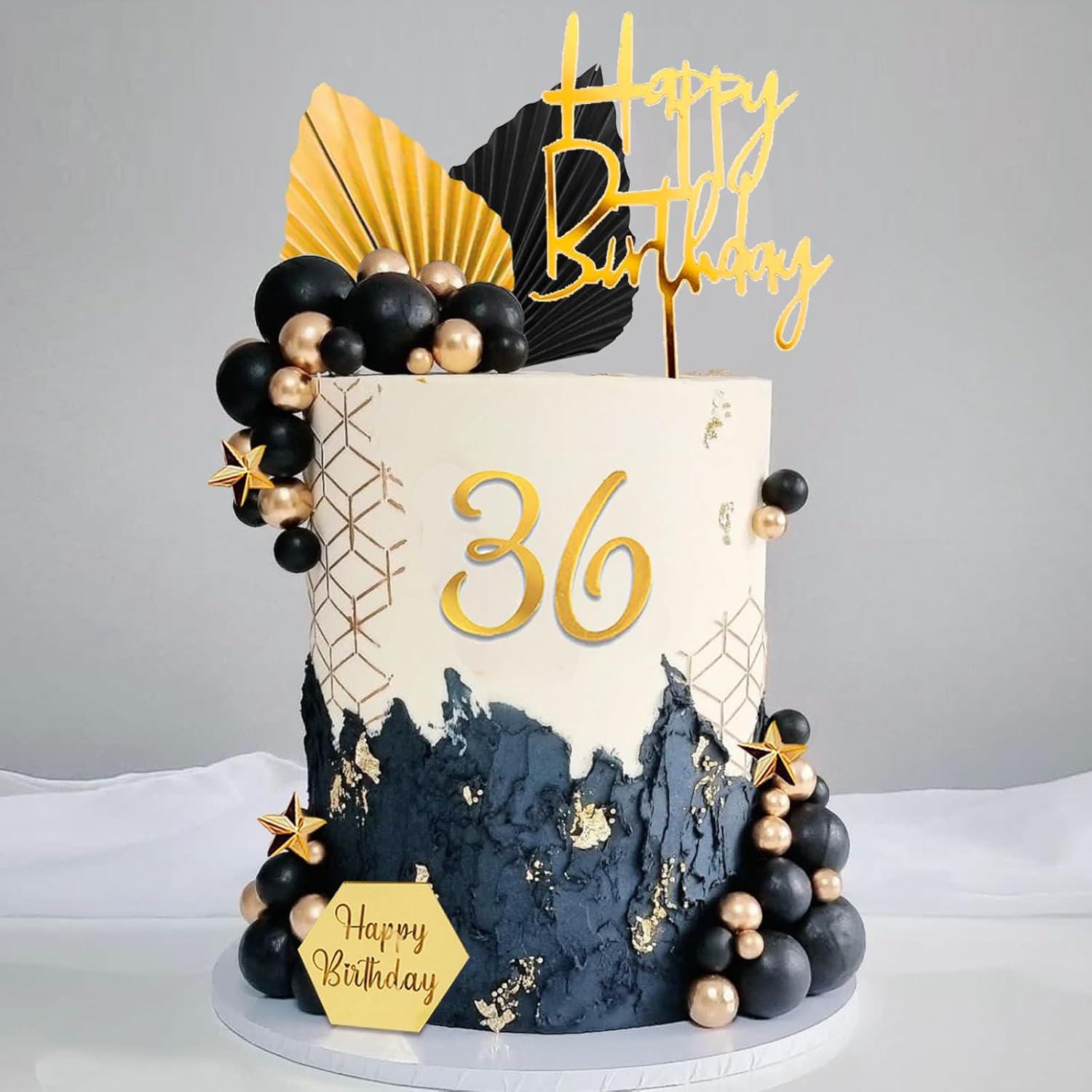 44pcs Balls Cake Topper Man Cake Decorations With Black Gold Balls Palm ...