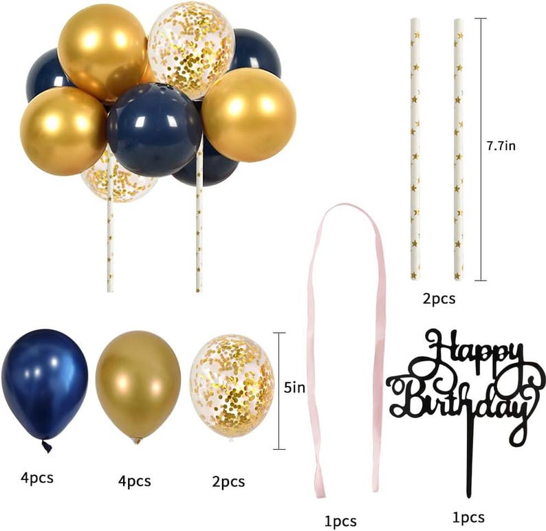 10pcs Balloon Cloud Cake Topper Navy Gold Happy Birthday Cupcake ...
