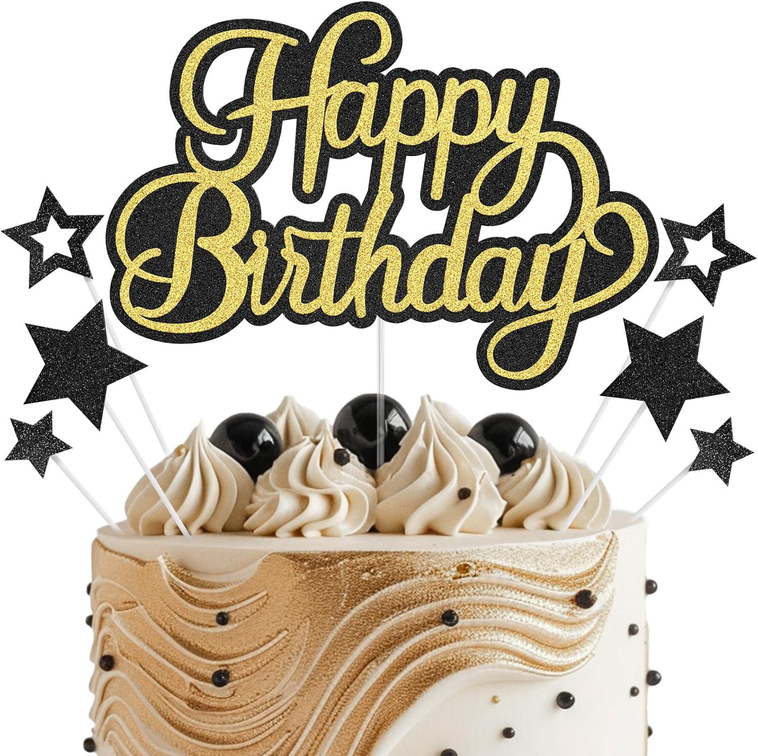 Happy Birthday Cake Toppers for Men, Black Gold Birthday Cake Topper ...