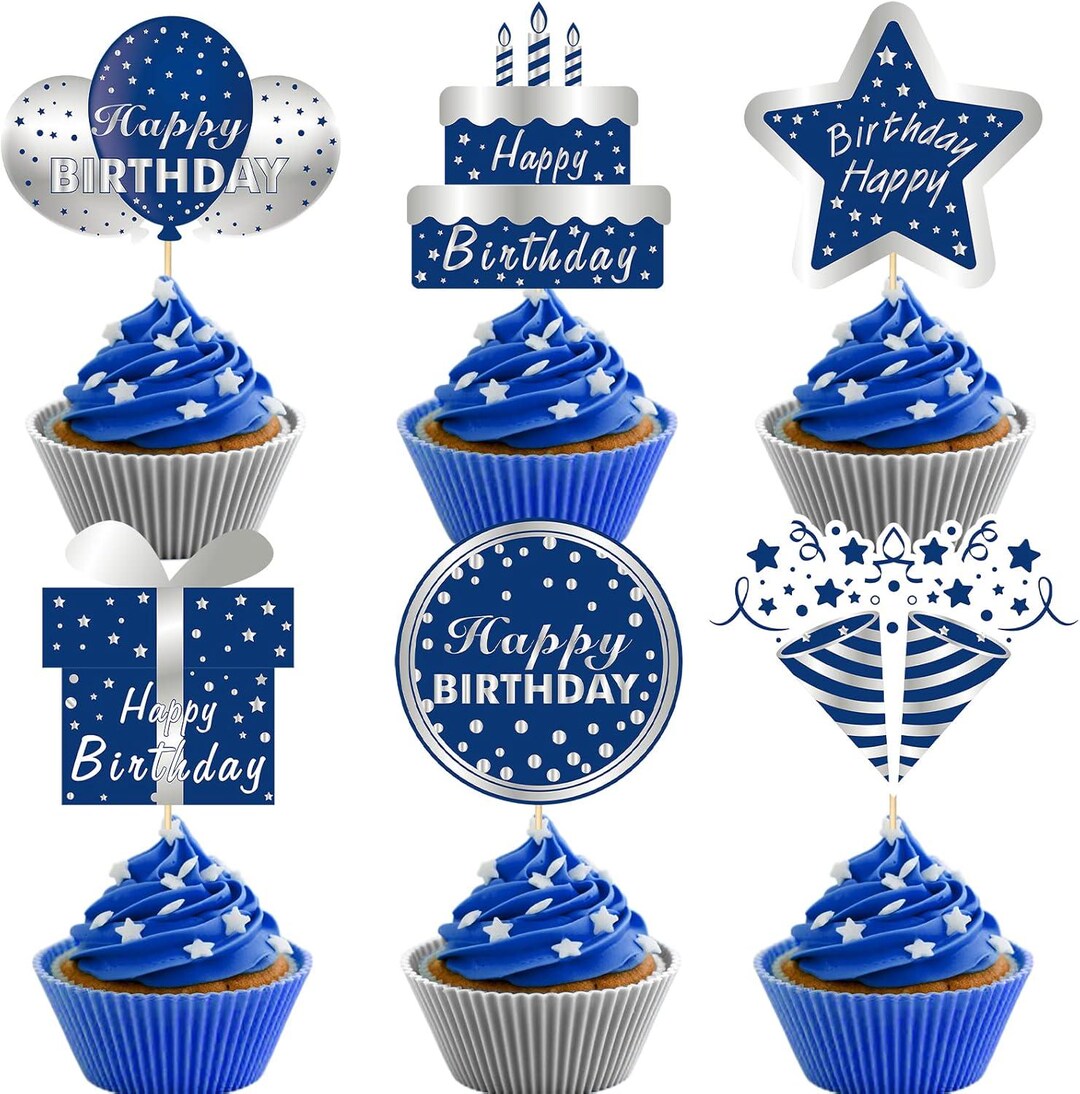 36pcs Happy Birthday Cake Toppers Decorations for Men Boys Blue Silver ...