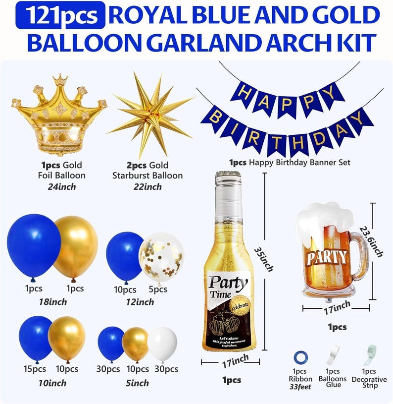 121pcs Royal Blue Gold Birthday Party Decorations With Happy Birthday ...