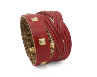 Red studded leather cuff red cuff bracelet silver or gold | Etsy