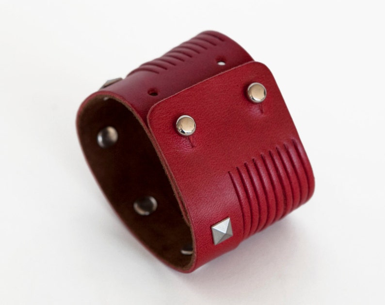 Red Studded Leather Cuff Red Cuff Bracelet Silver or Gold - Etsy
