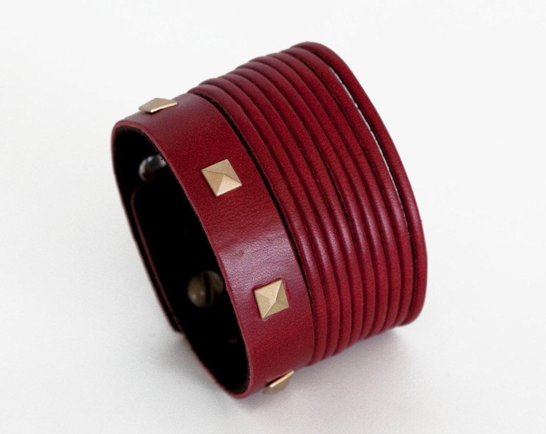 Red Studded Leather Cuff, Red Cuff Bracelet - Silver or Gold Orchidea ...