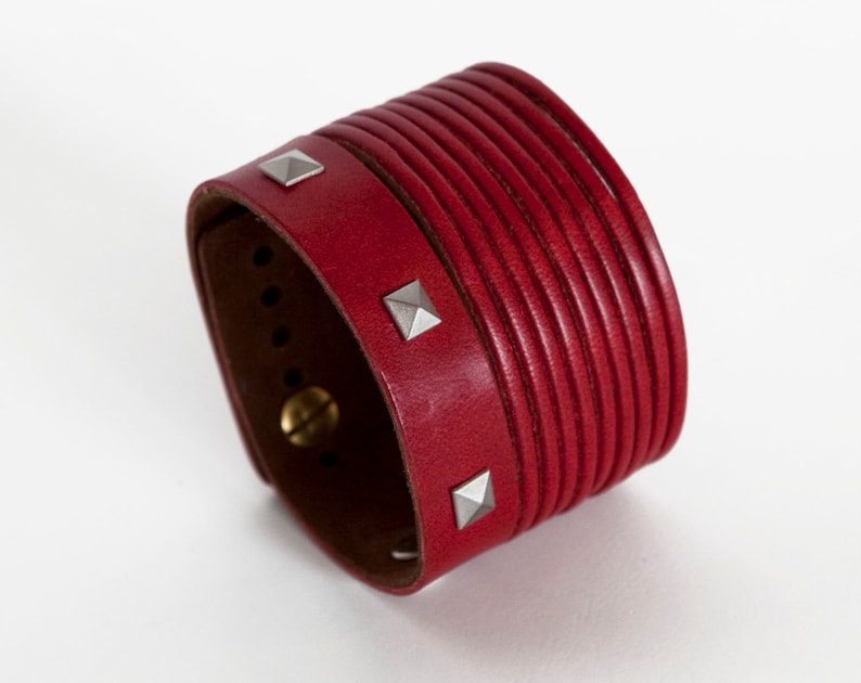 Red Studded Leather Cuff Red Cuff Bracelet Silver or Gold - Etsy