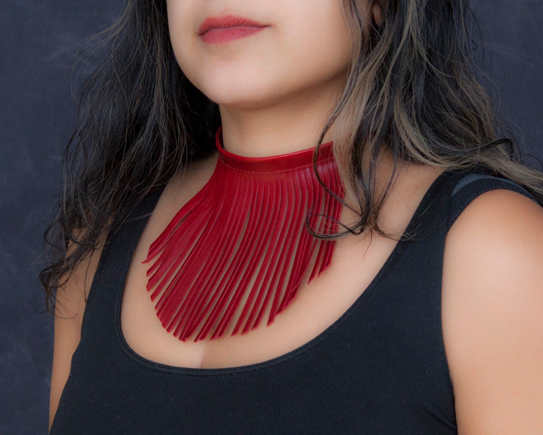 Red Fringe Necklace, Red Leather Choker, Statement Necklace, Red Choker ...