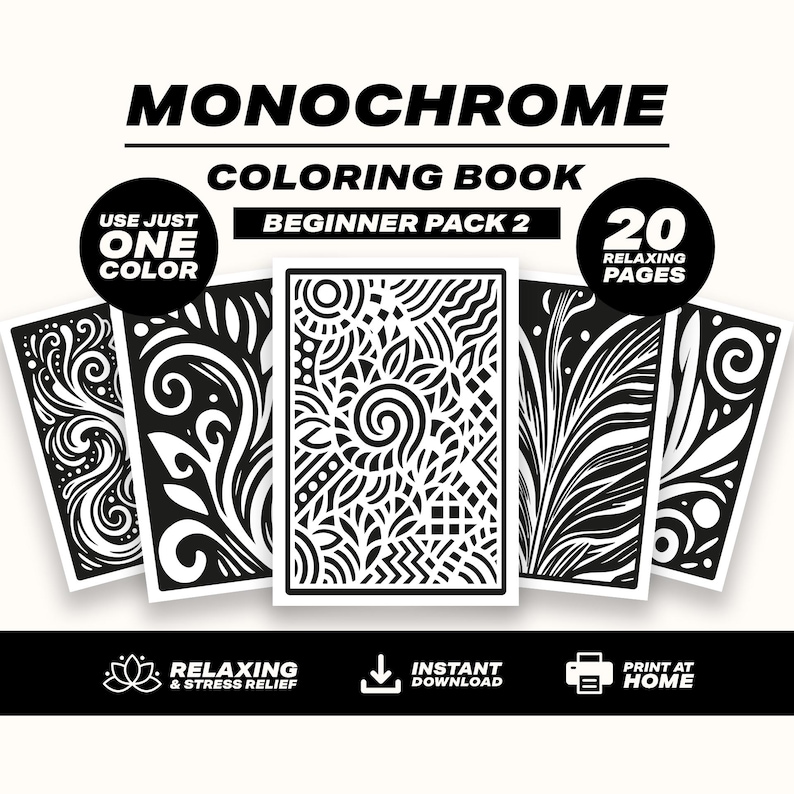 Monochrome Coloring Book | Beginner Pack 2 | Printable PDF PNG Download ...