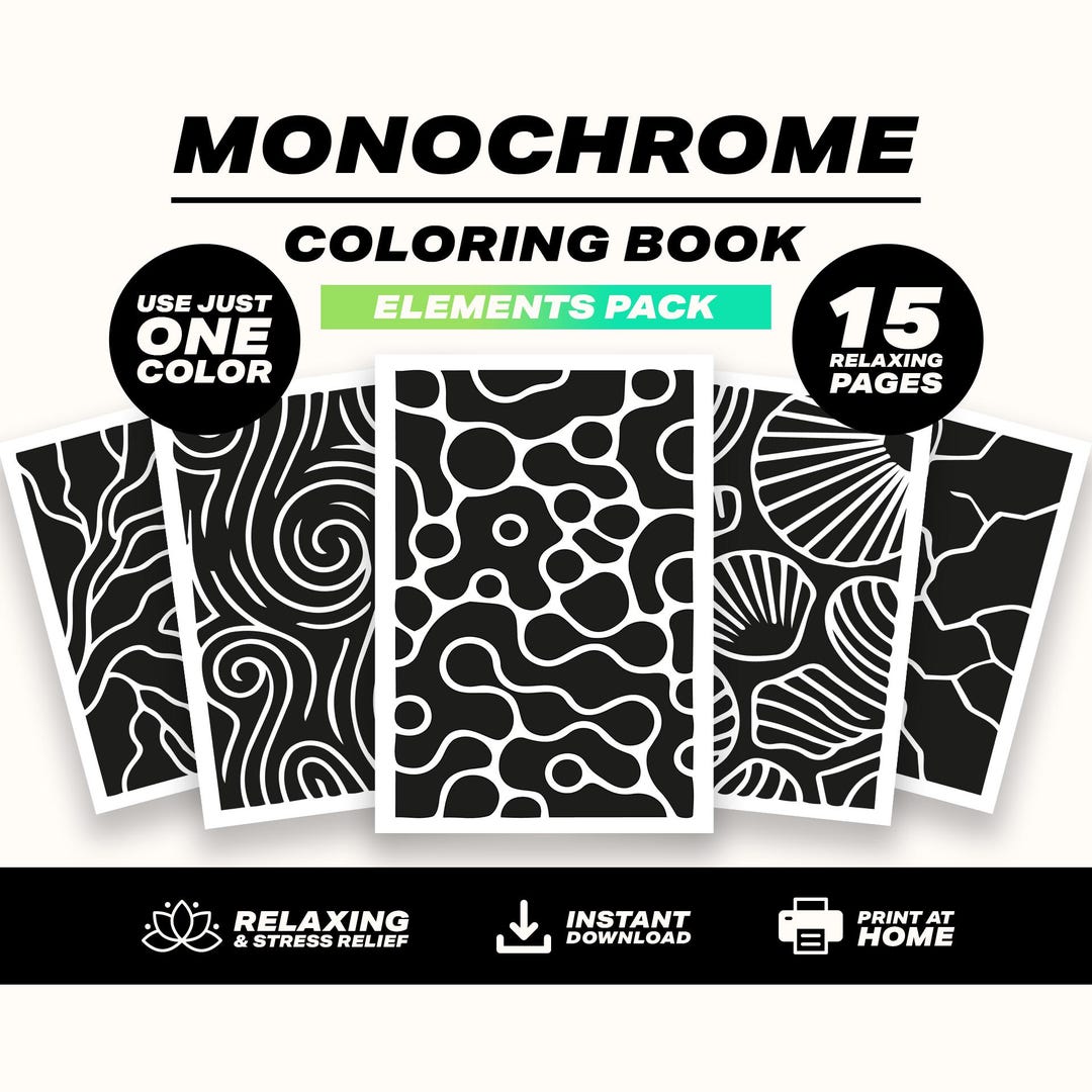 Monochrome Coloring Book | Elements Pack | Printable PDF PNG Download ...