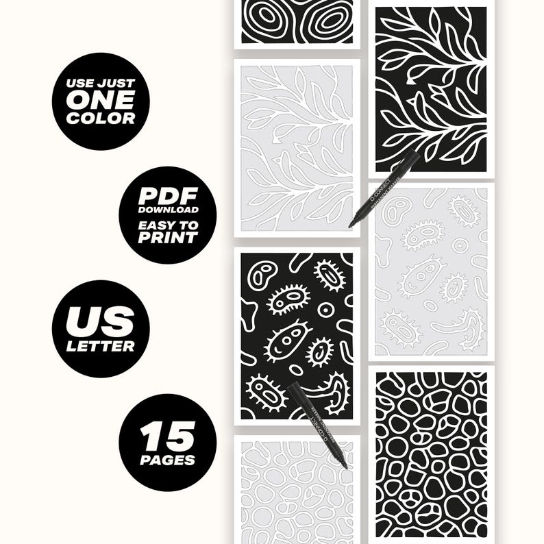 Monochrome Coloring Book | Elements Pack | Printable PDF PNG Download ...