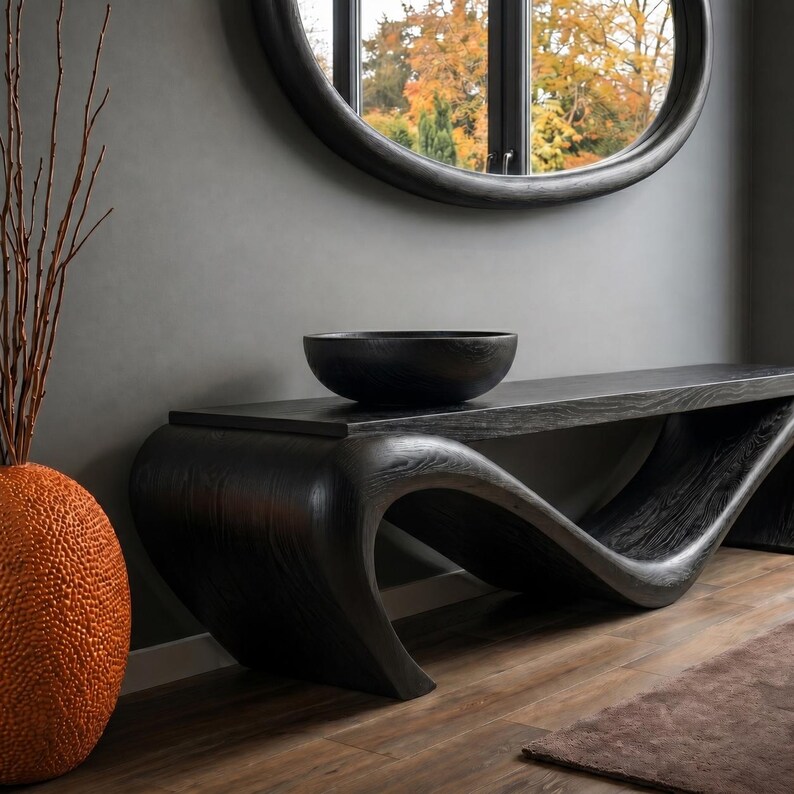 Modern Asymmetrical Black Oak Bench, Entryway Bench, Mid Century Modern ...