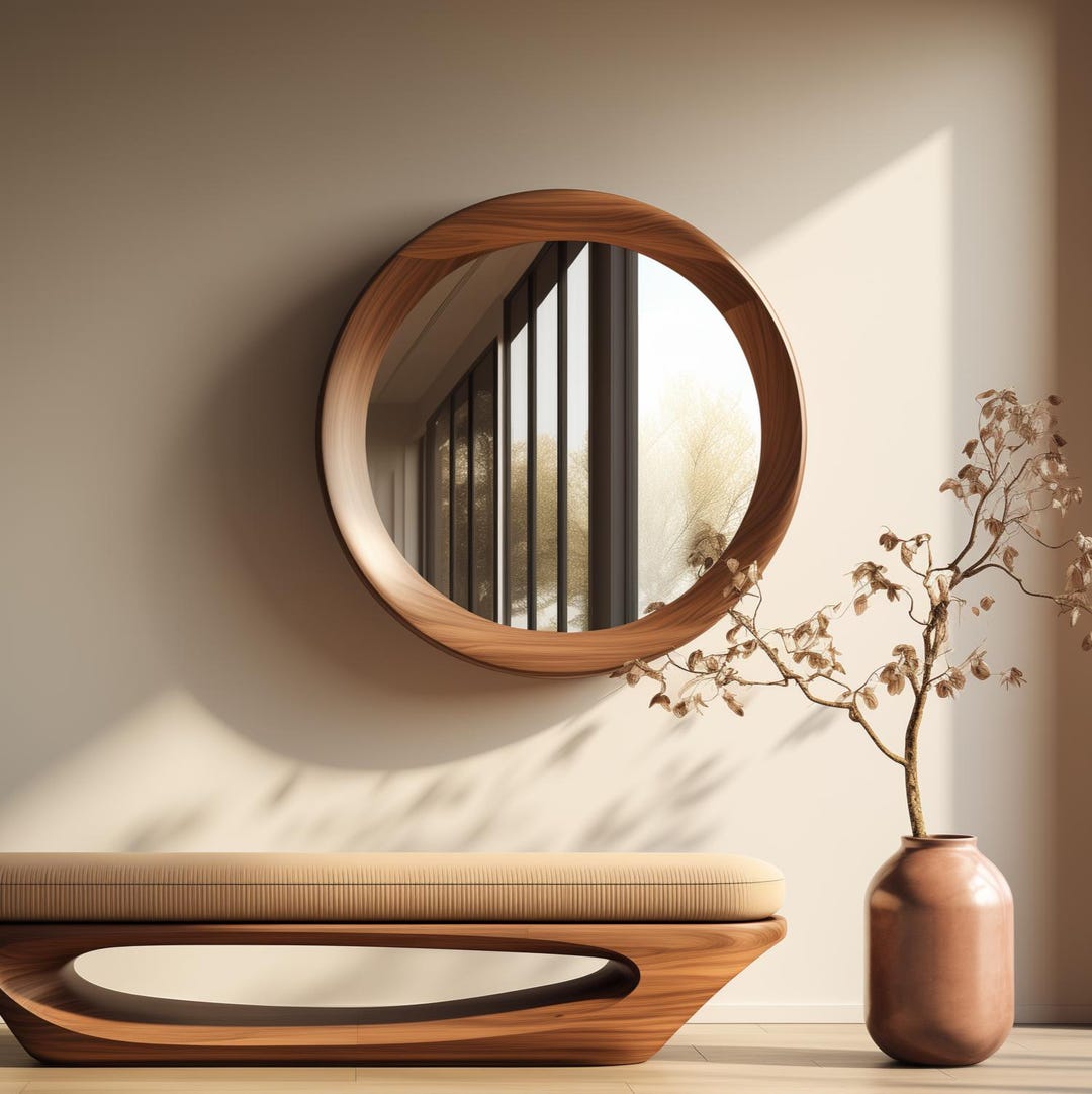 Walnut Round Mirror, Walnut Framed Round Wall Mirror, Wooden Framed ...