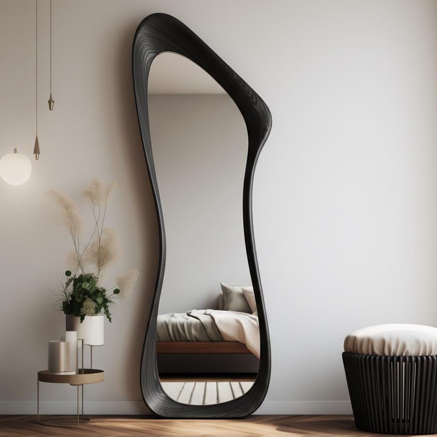 Black Oak Full Length Mirror, Asymmetical Wooden Mirror, Mid Century ...