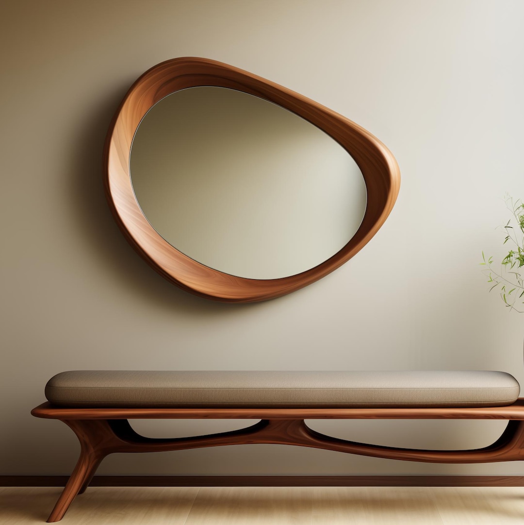 Walnut Mid Century Modern Mirror, Asymmetrical Wooden Mirror, Walnut ...
