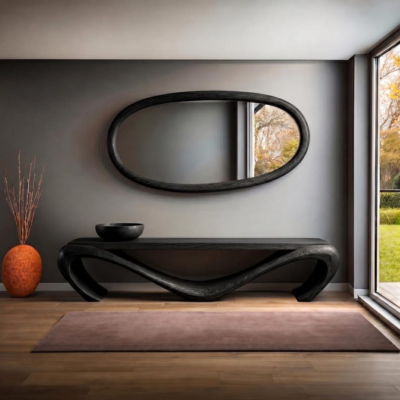 Modern Asymmetrical Black Oak Bench, Entryway Bench, Mid Century Modern ...