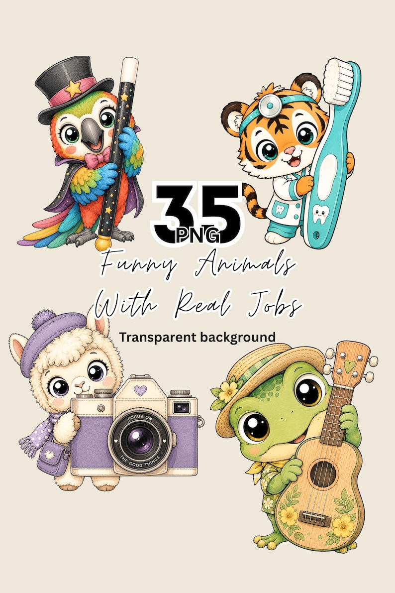 Funny Animals With Real Jobs Clipart, Teacher Career Graphics, Kawaii ...