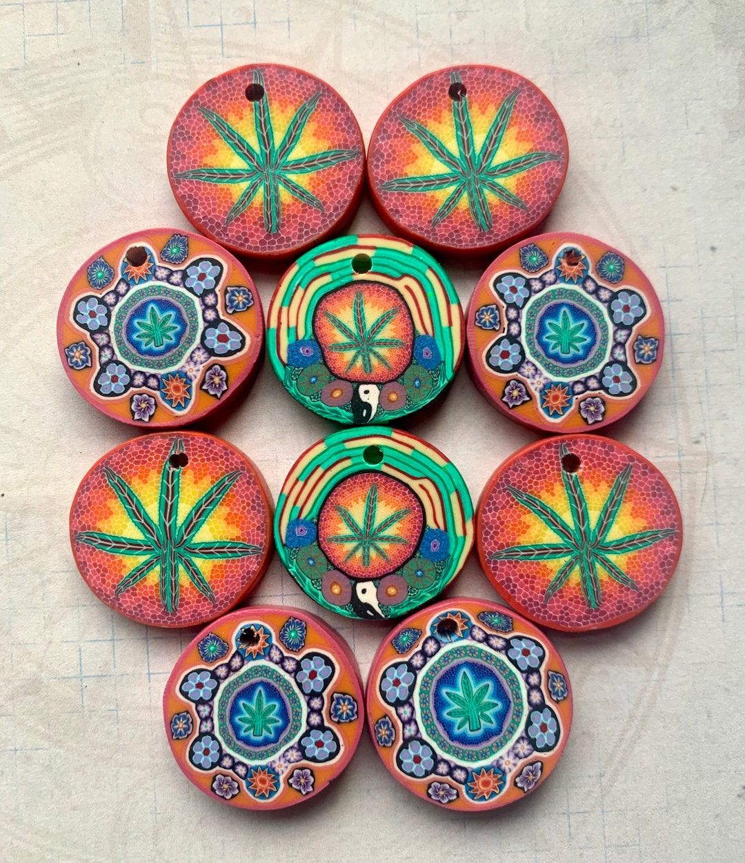 10 FIMO DISC PENDANTS - Marijuana Leaf Assorted Designs, Clay Charms ...