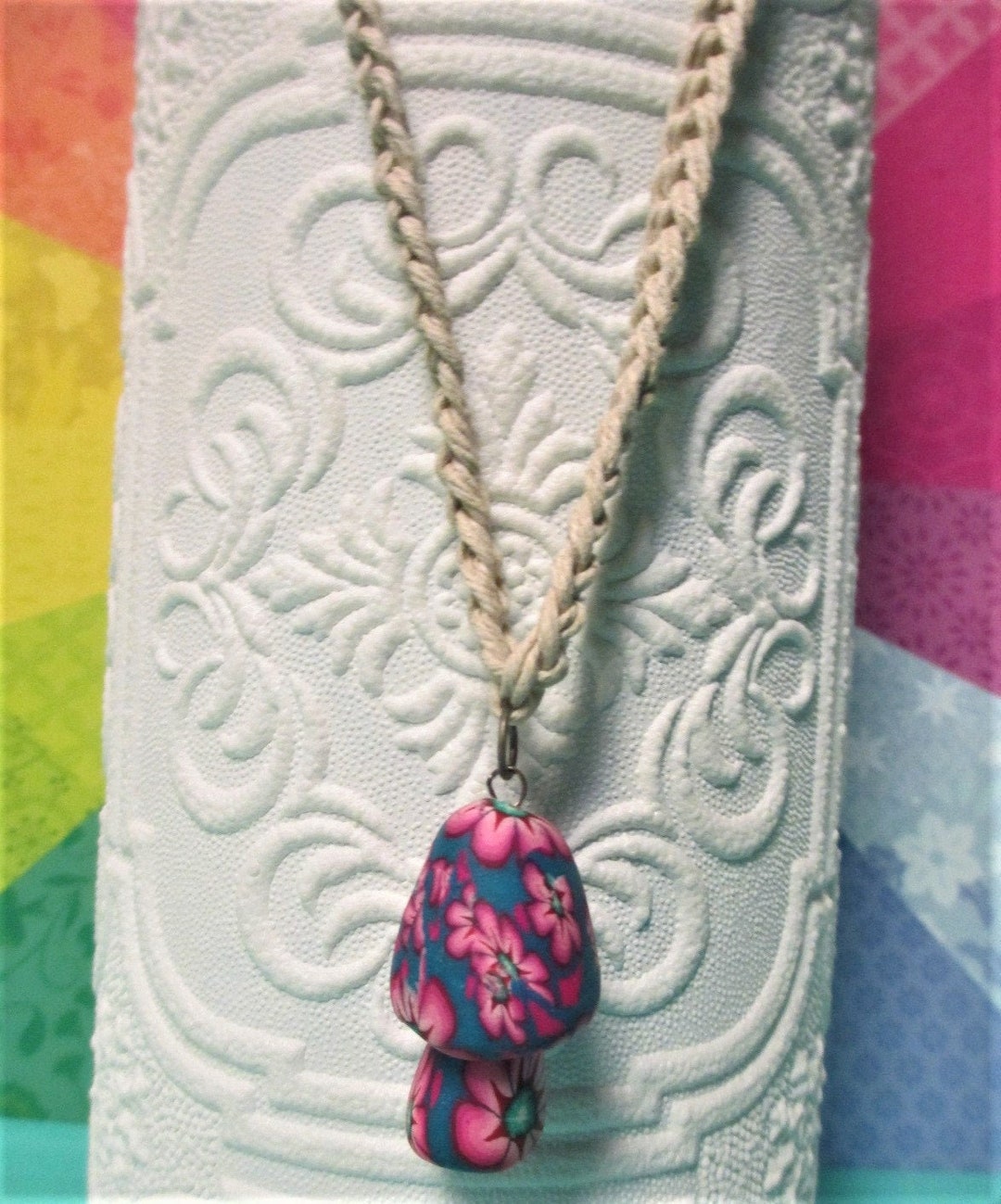 Jumbo Mushroom Fimo Hemp Necklace Pendant Pink and Blue - Etsy