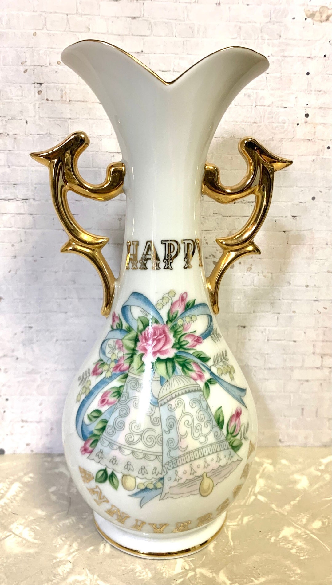 Lefton Happy Wedding Anniversary Glass China Vase 6292 White With ...