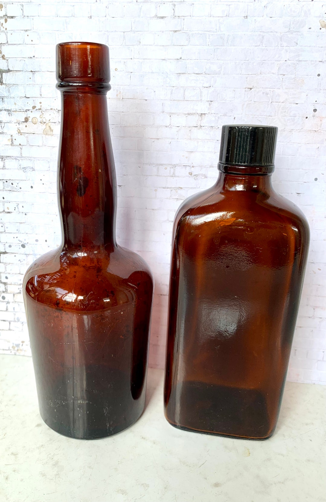 Distressed 2 Vintage Brown Glass Bottles - Etsy