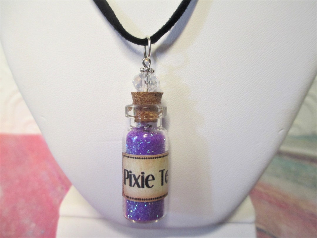 PIXIE TEARS Glitter Bottle Necklace Handmade Pendant on Black Faux ...