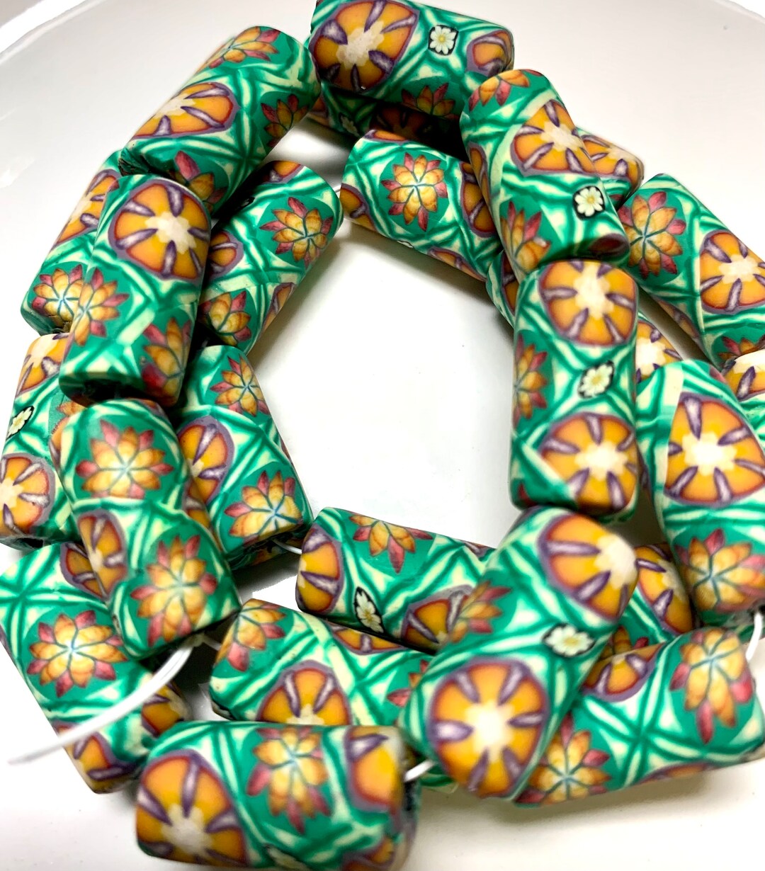 25 Fimo Clay Tube Beads - Psychedelic Starburst Orange and Green - Etsy