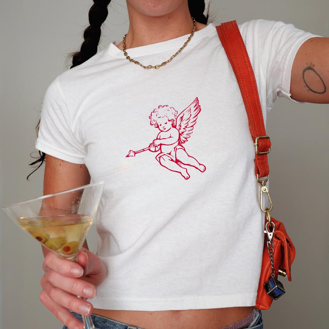 Red Cupid Baby Tee, Vintage Angel Style Red Cupid Baby Tee, Valentine’s ...